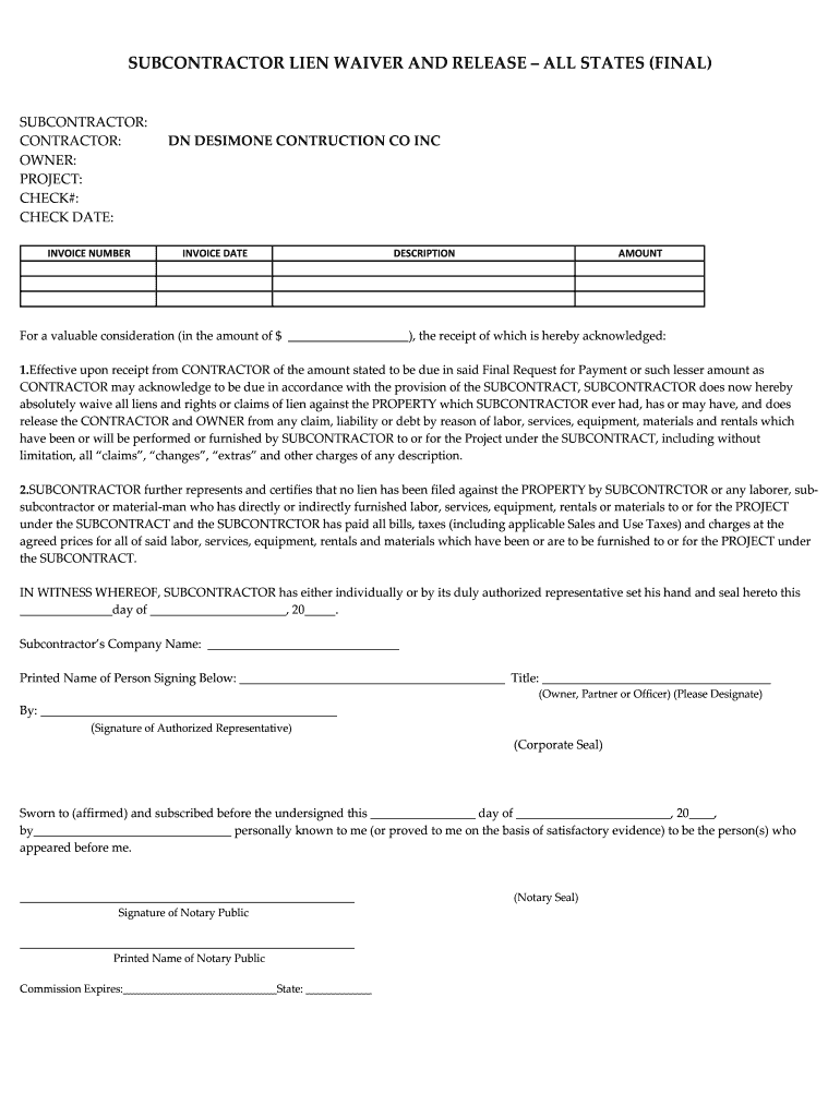 Fillable Online SUBCONTRACTOR LIEN WAIVER AND RELEASE ALL STATES FINAL ...