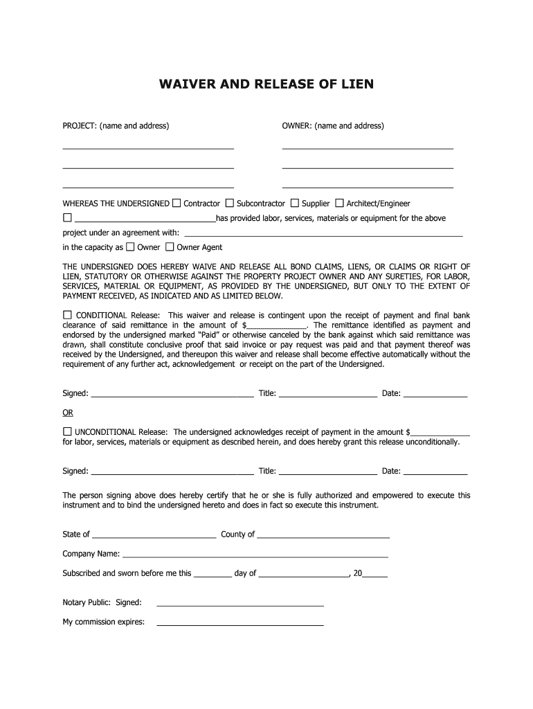 Fillable Online Waiver and Release of Lien Waiver and Release of Lien ...