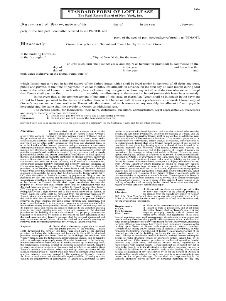 Fillable Online Agreement of Lease Witnesseth Owner hereby leases Fax ...