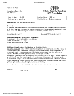 Fillable Online Official Disability Guidelines RTW Prescription Fax ...