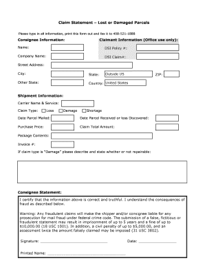 Fillable Online Claim Statement Lost or Damaged Parcels Fax Email Print ...