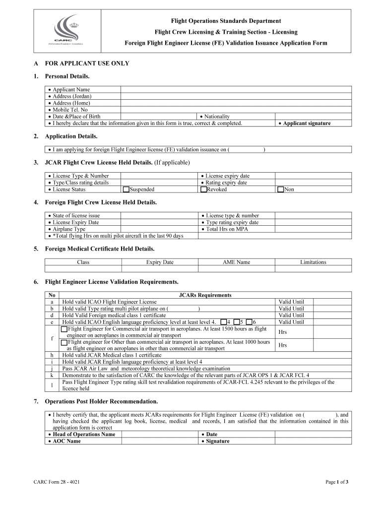 Fillable Online Foreign Flight Engineer License (FE) Validation ...