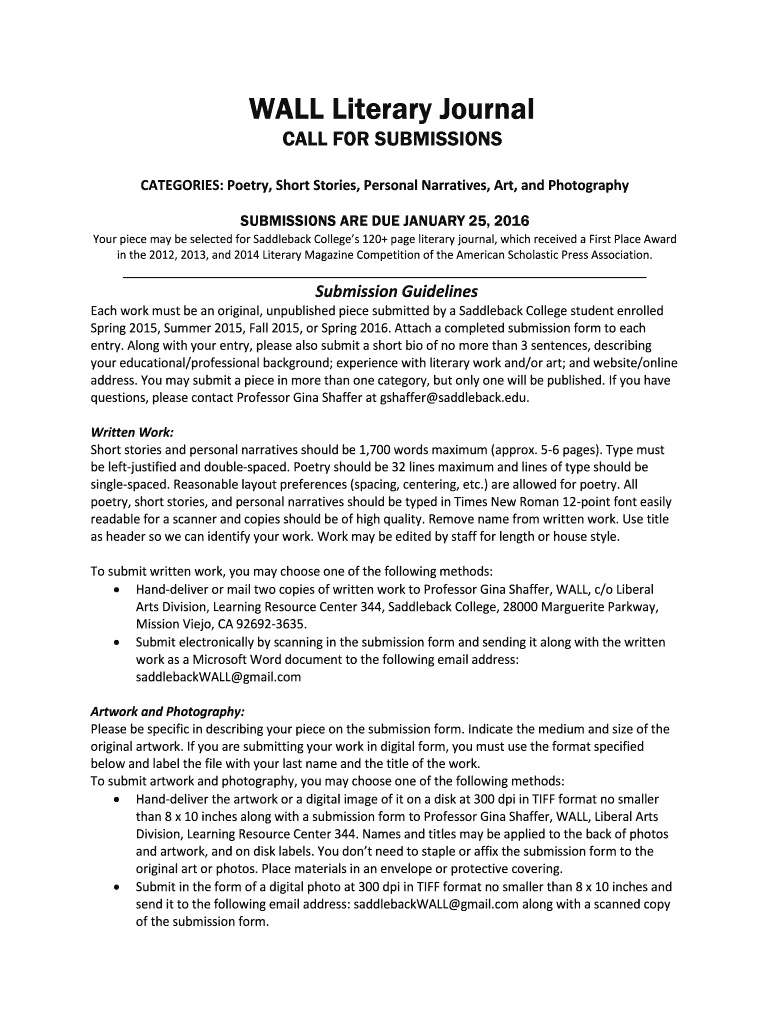 Fillable Online saddleback WALL Literary Journal Fax Email Print - pdfFiller