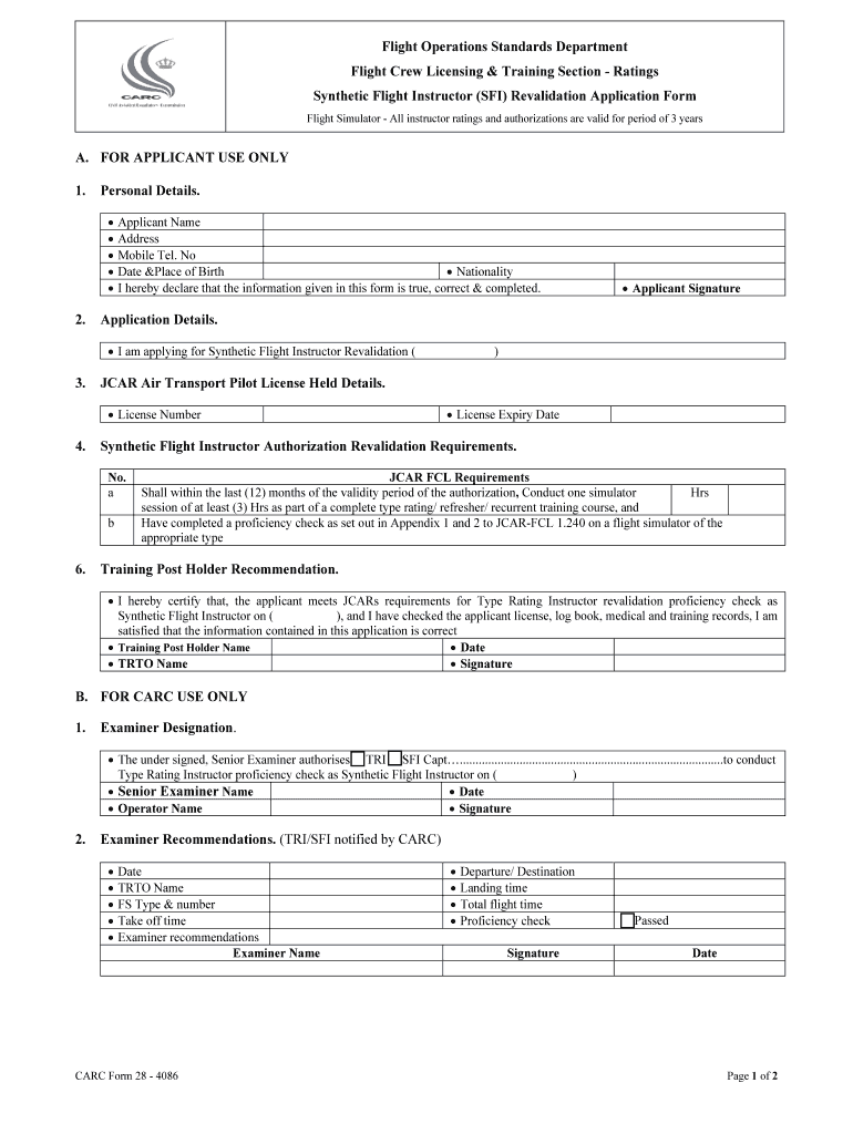 Fillable Online Synthetic Flight Instructor (SFI) Revalidation Application Form Fax Email Print ...