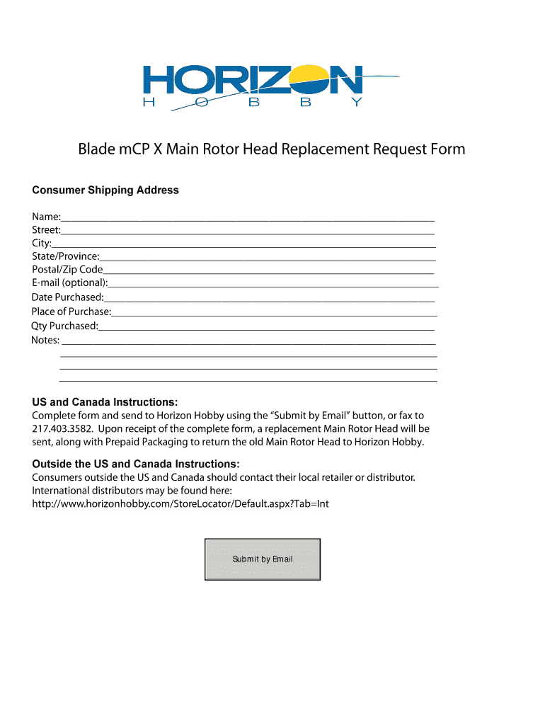 Fillable Online Blade mCP X Main Rotor Head Replacement Request Fax ...