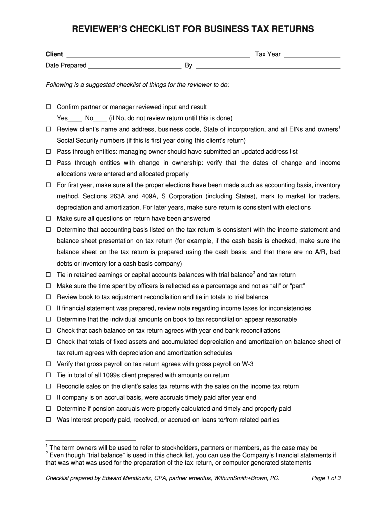 Fillable Online REVIEWER39S CHECKLIST FOR BUSINESS TAX RETURNS Fax ...
