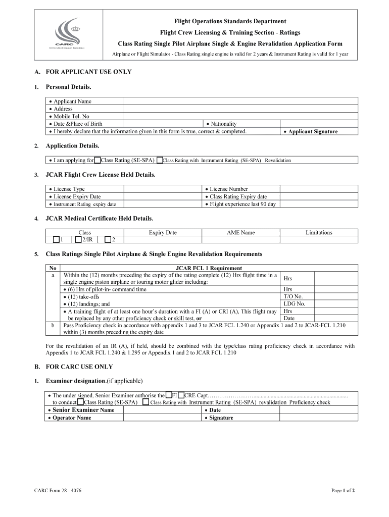 Fillable Online Class Rating Single Pilot Airplane Single & Engine ...