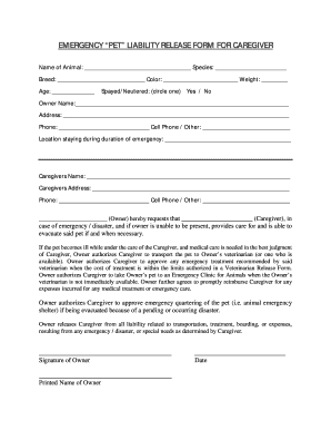 Fillable Online EMERGENCY PET LIABILITY RELEASE FORM FOR Fax Email ...