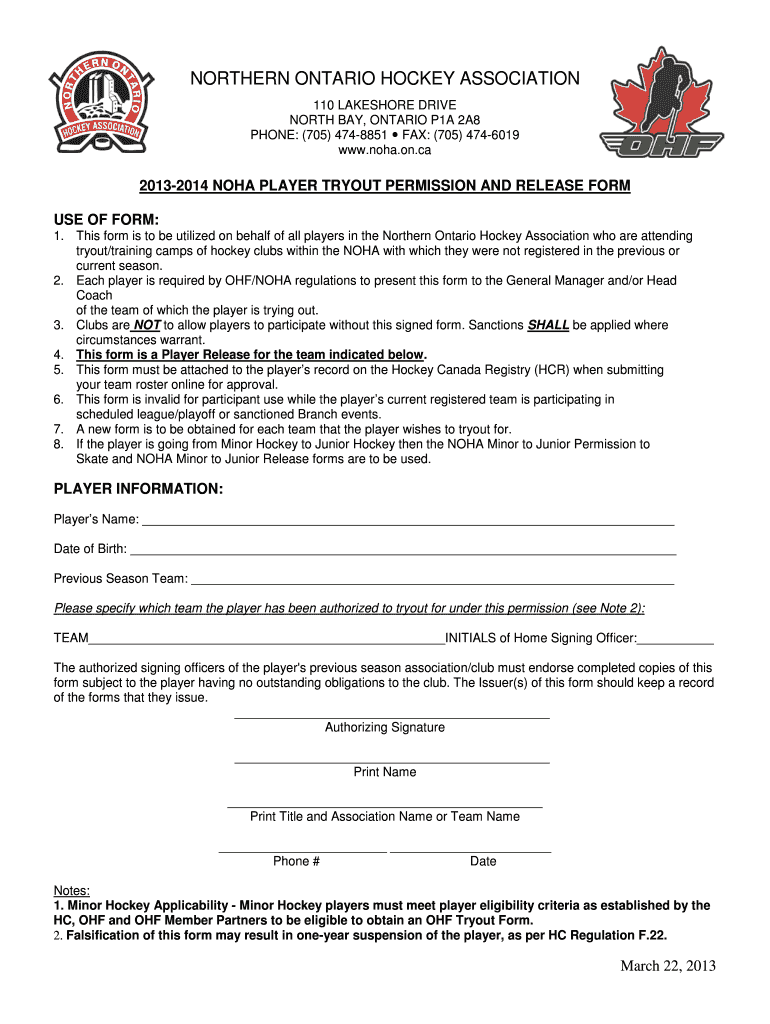 Fillable Online 20132014 NOHA PLAYER TRYOUT PERMISSION AND RELEASE FORM ...