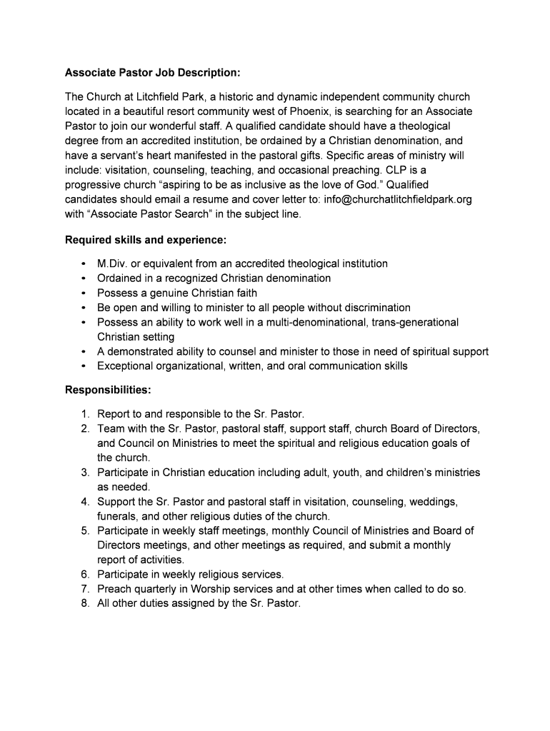 Fillable Online Associate Pastor Job Description: Fax Email Print ...