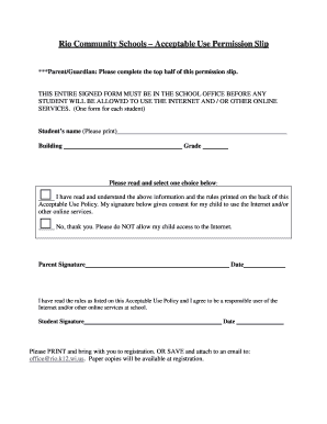 Fillable Online Rio Community Schools Acceptable use permission Slip ...