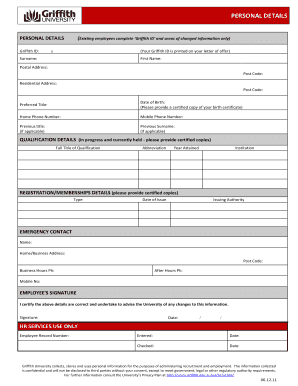 Fillable Online PERSONAL DETAILS - intranetsecuregriffitheduau Fax ...