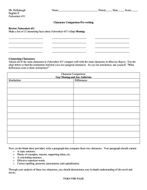 Fillable Online Character Comparison Pre-writing Review Make a list of ...