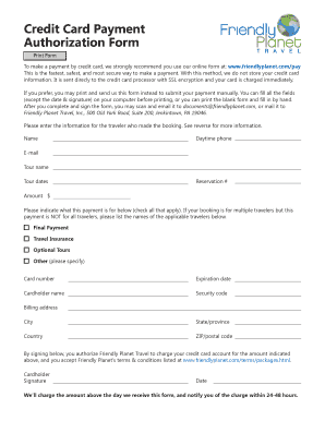 Fillable Online Credit card authorization form front - Friendly Planet ...