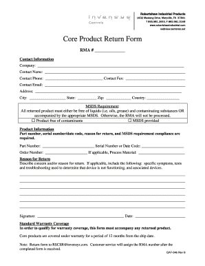 Fillable Online Core Product Return Form - Robertshaw Industrial ...
