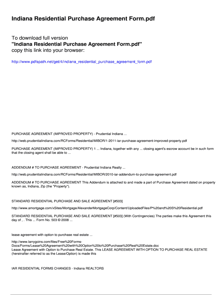Fillable Online Indiana Residential Purchase Agreement Form ...