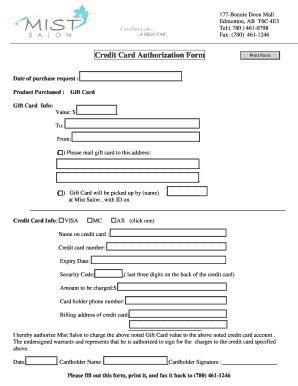 Fillable Online Credit Card Authorization Form - Mist Salon Fax Email ...
