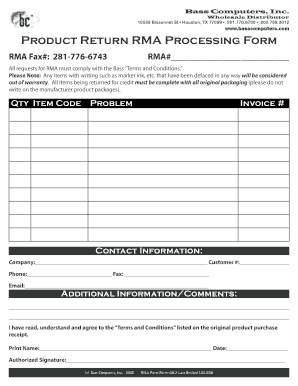 Fillable Online Product Return RMA Processing Form - Bass Computers Inc ...