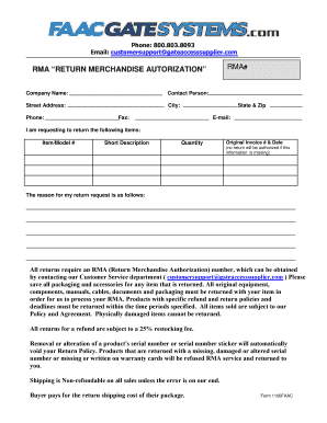 Fillable Online RMA RETURN MERCHANDISE AUTORIZATION RMA Fax Email Print ...