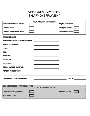 Fillable Online VINCENNES UNIVERSITY SALARY OVERPAYMENT Fax Email Print ...