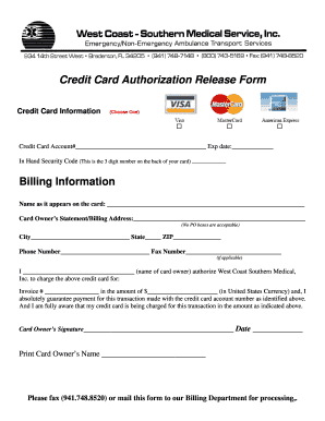 Fillable Online Credit Card Authorization Release Form - West Coast Fax ...