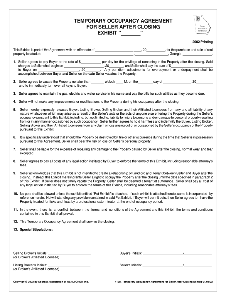 Fillable Online Temporary Occupancy Agreement for bSellerb - The ...