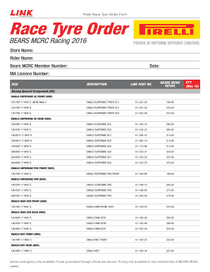 Fillable Online Pirelli Race Tyre Order Form Race Tyre Order Fax Email ...