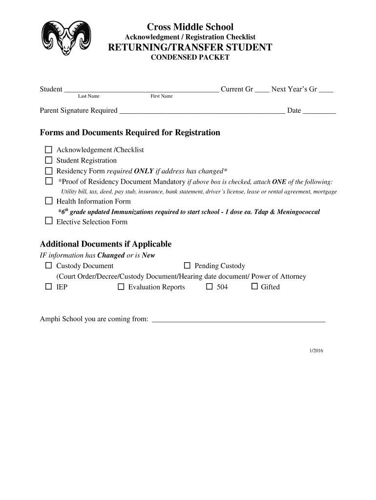 Fillable Online Acknowledgment Registration Checklist RETURNINGTRANSFER ...