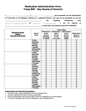 Fillable Online Medication Administration Form Troop 804 - Boy Scouts ...