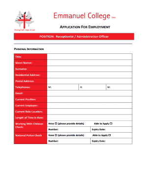 Fillable Online emmanuel vic edu Application Form Receptionist ...