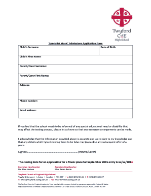 Fillable Online Specialist Music Admissions Application Form Fax Email ...