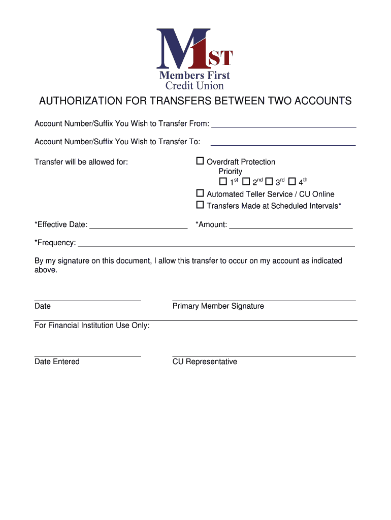 Fillable Online m1st AUTHORIZATION FOR TRANSFERS BETWEEN TWO ACCOUNTS ...