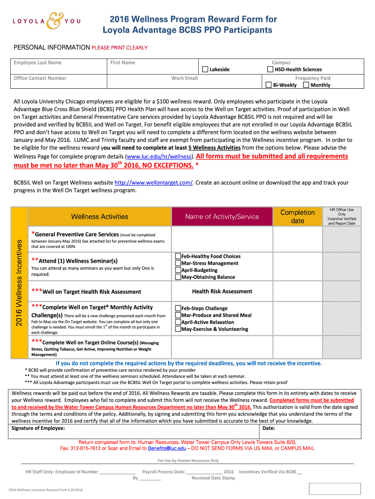Fillable Online luc 2016 bWellnessb Program Reward bFormb for Loyola ...