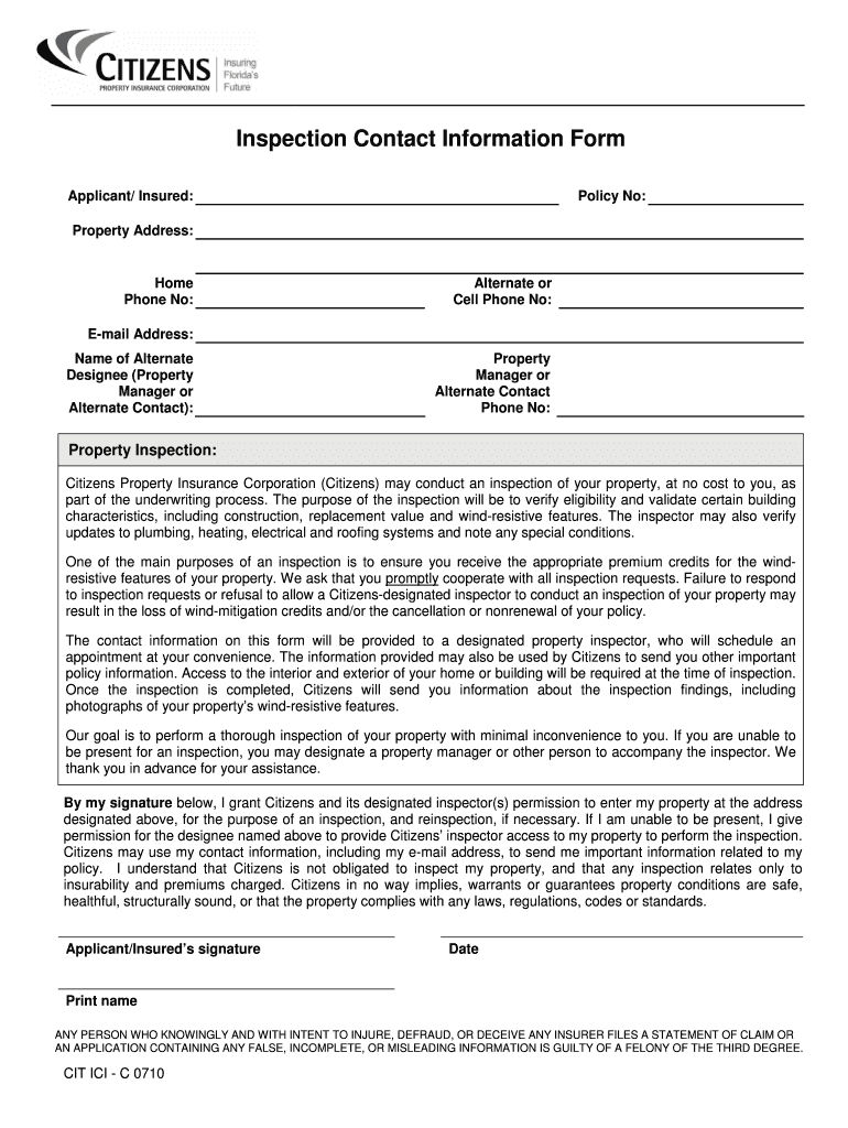 Fillable Online Inspection Contact Information Form CIT ICI Fax Email ...
