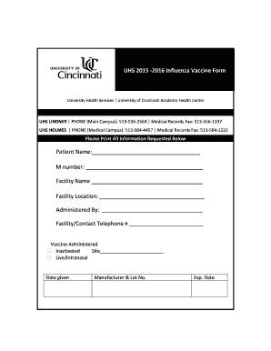 Fillable Online med uc 2015 uhs flu form - University of Cincinnati ...
