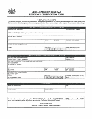 Fillable Online LOCAL EARNED INCOME TAX RESIDENCY CERTIFICATION FORM TO EMPLOYERS/TAXPAYERS ...