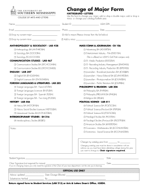 Fillable Online artsandlettersnow usm Change of Major Form - artsandlettersnowusmedu Fax Email ...