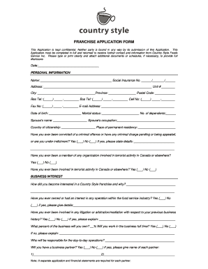 Fillable Online FRANCHISE APPLICATION FORM - Country Style Fax Email ...