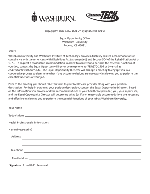 Fillable Online washburn DISABILITY AND IMPAIRMENT ASSESSMENT FORM ...