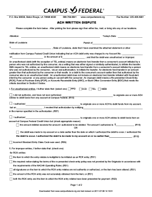 Fillable Online ACH WRITTEN DISPUTE - Campus Federal Fax Email Print ...
