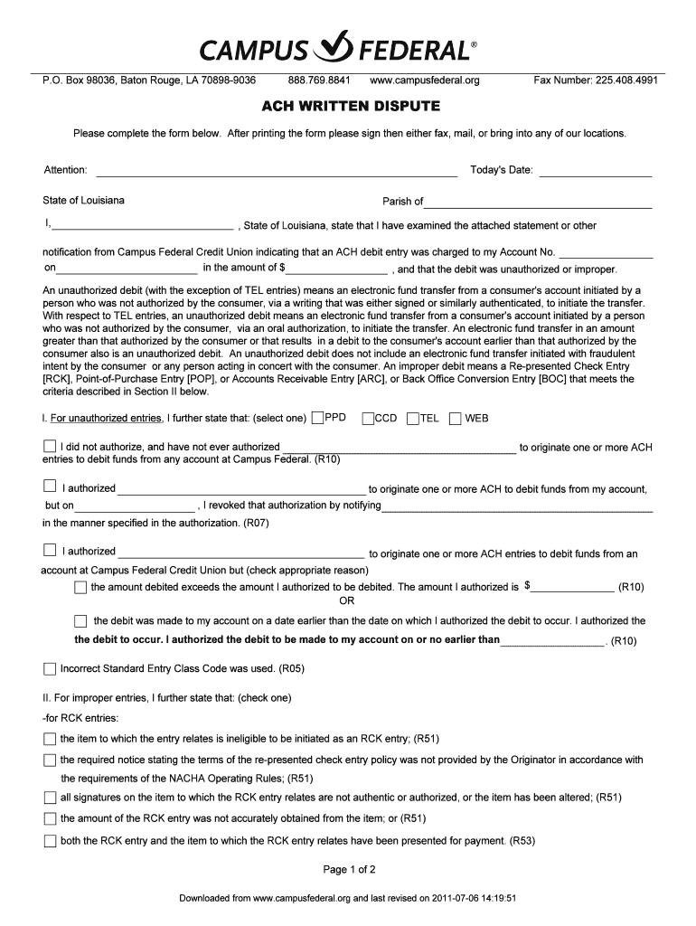 Fillable Online ACH WRITTEN DISPUTE - Campus Federal Fax Email Print ...