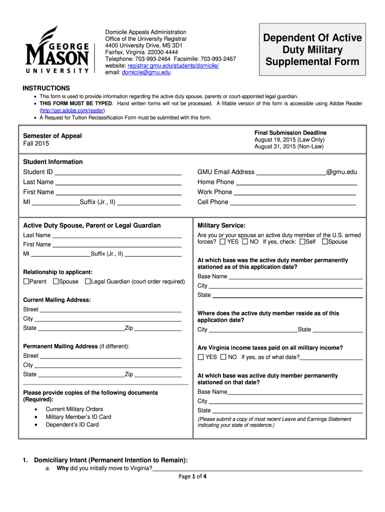 Fillable Online registrar gmu Dependent Of Active Duty Military ...