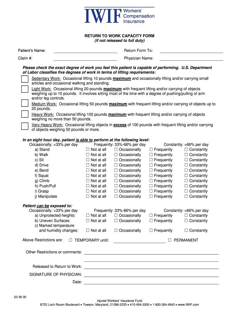 Fillable Online RETURN TO WORK CAPACITY FORM if not released to full ...