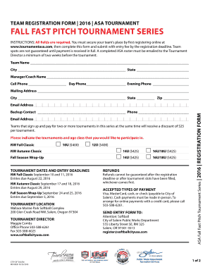 Fillable Online TEAM REGISTRATION FORM 2016 ASA TOURNAMENT FALL FAST ...