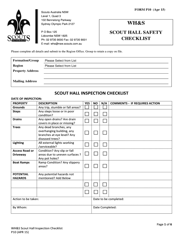 Fillable Online WHS Scout Hall Inspection Checklist P10 2015 Fax Email ...