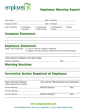 Fillable Online employershr Employee Warning Form - employershrnet Fax ...