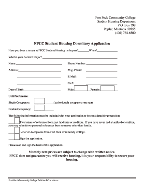 Fillable Online FPCC Student Housing Dormitory Application Fax Email ...