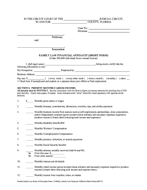 Fillable Online FAMILY LAW FINANCIAL AFFIDAVIT (SHORT FORM) (Under ...