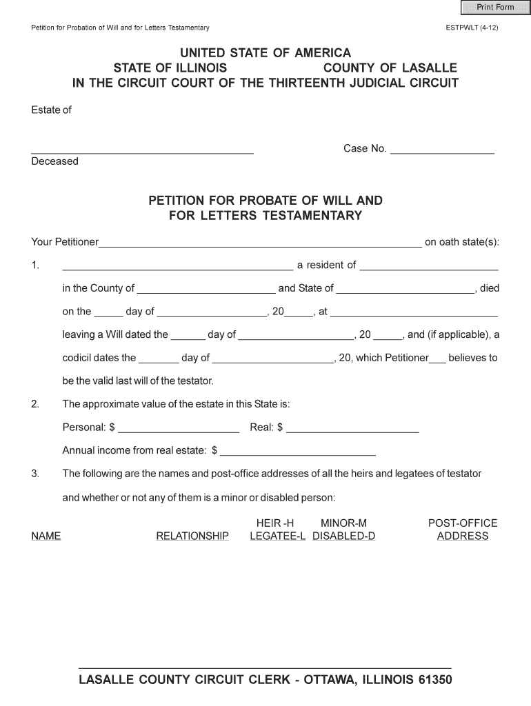 Fillable Online Print Form Petition for Probation of Will and for ...
