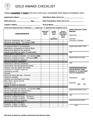 Fillable Online GOLD AWARD CHECKLIST - The Duke of Edinburghs Fax Email ...